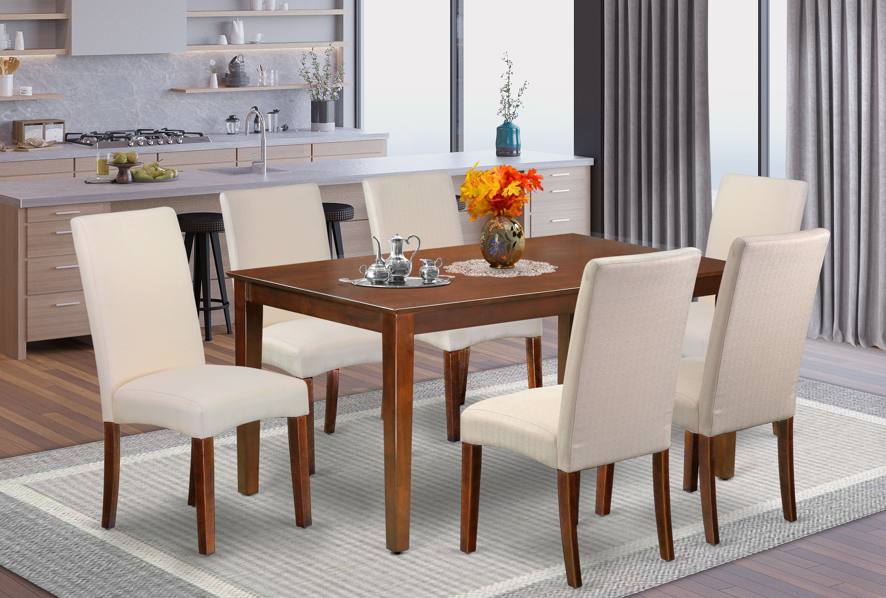 CADR7-MAH-01 7Pc Rectangle 60" Dining Table And 6 Parson Chair With Ma